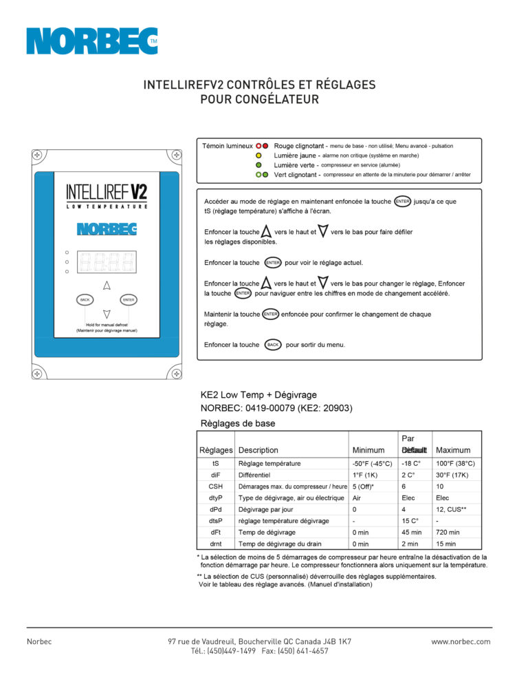 Intelliref V2 - Contrôles et réglages pour congélateur - Norbec
